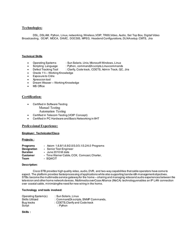 9 yrs of Testing Exp_STB and DSL gateway products | DOCX
