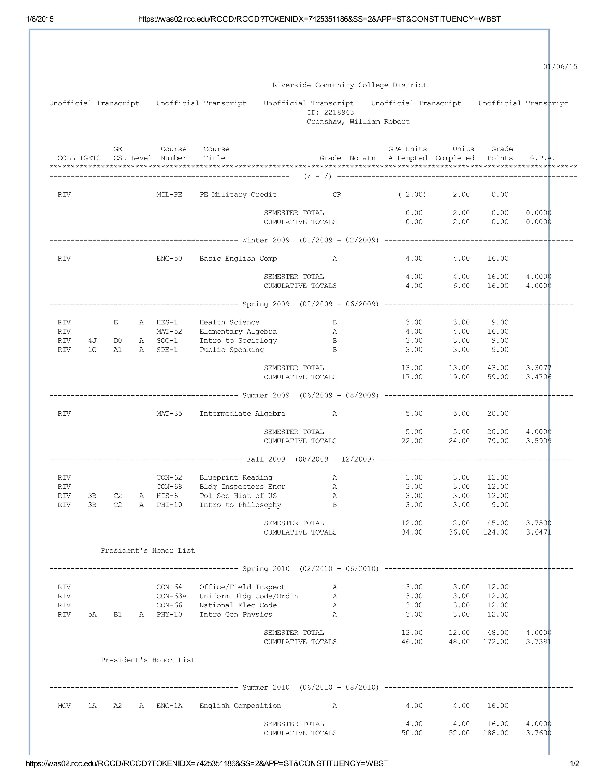 RCC Transcript | PDF