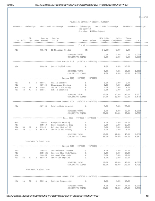 RCC Transcript | PDF