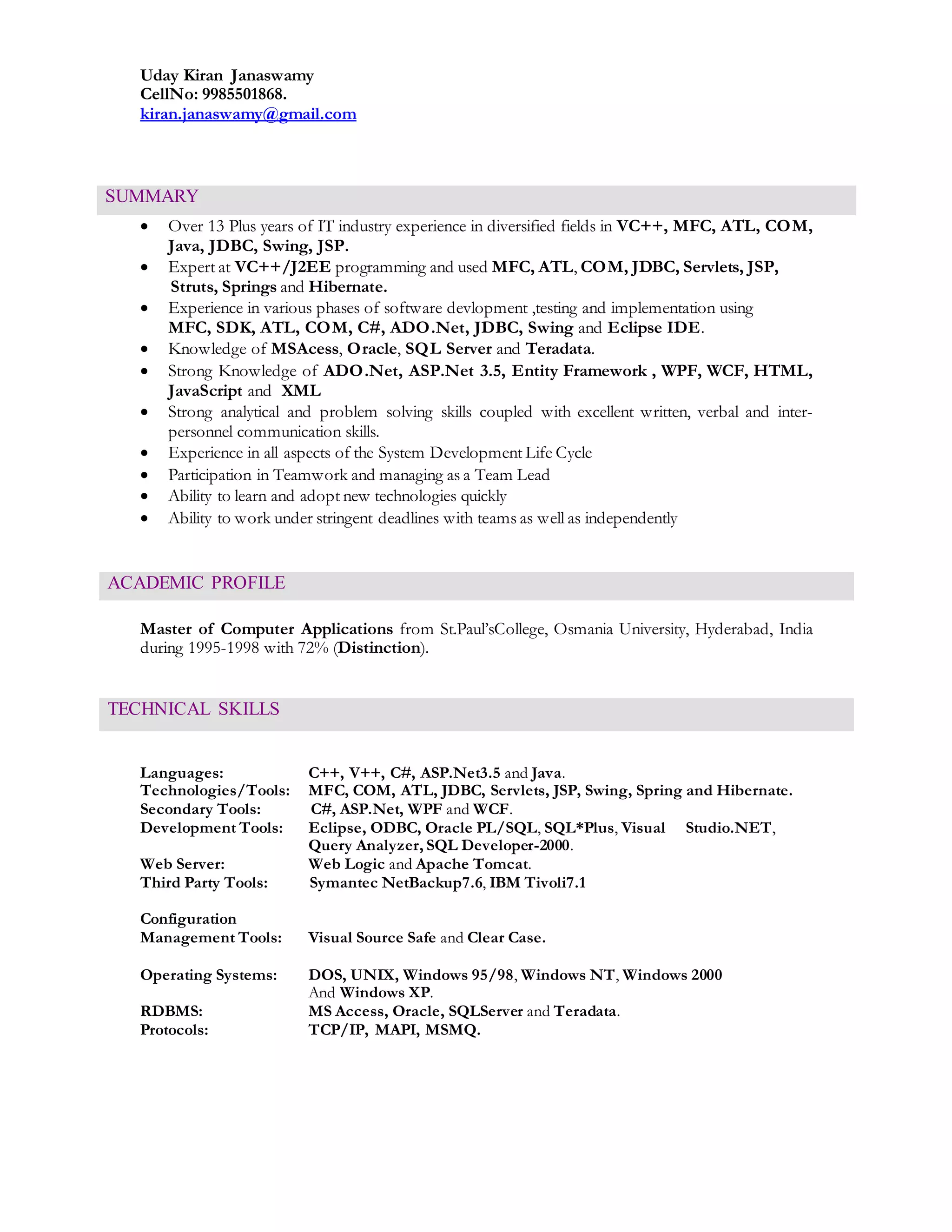Uday Resume | DOCX | Programming Languages | Computing