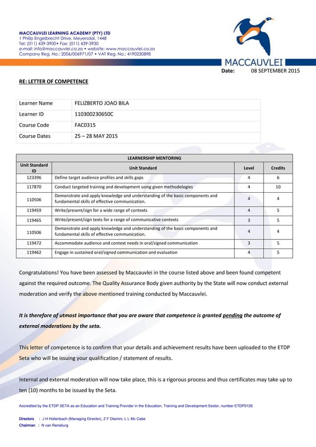 BILA, FELIZBERTO .J - LETTER OF COMPETENCE | PDF