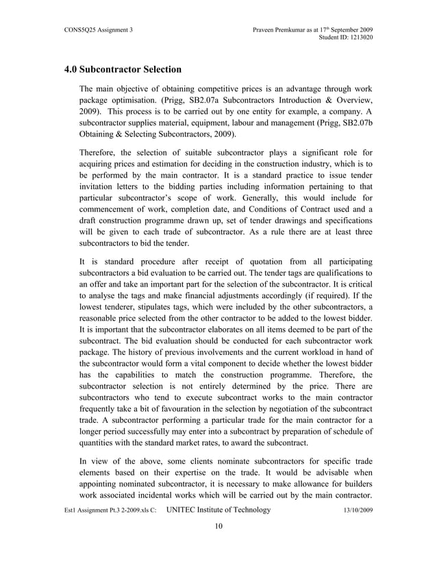 5.0 Subcontractor Selection Ass3 Sem2 '09 | PDF