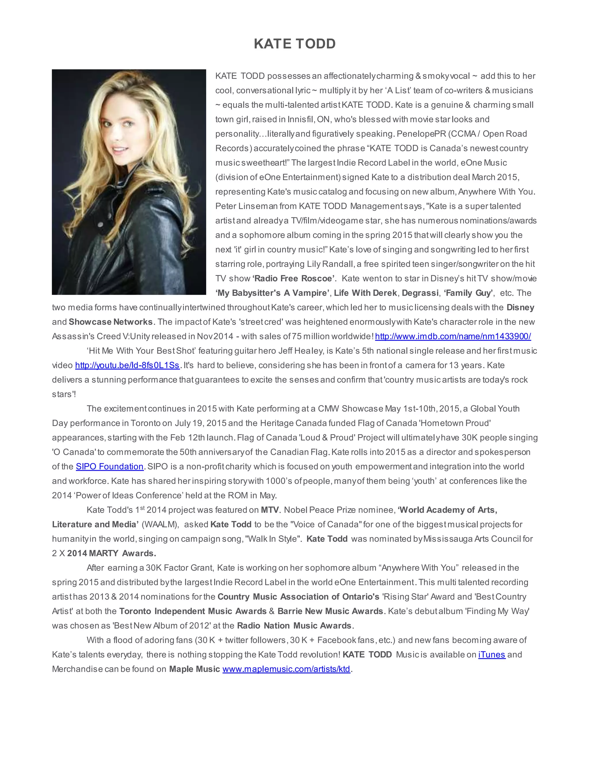 KATE TODD ~ LATEST MUSIC BIO + RESUME -LATEST2015.03