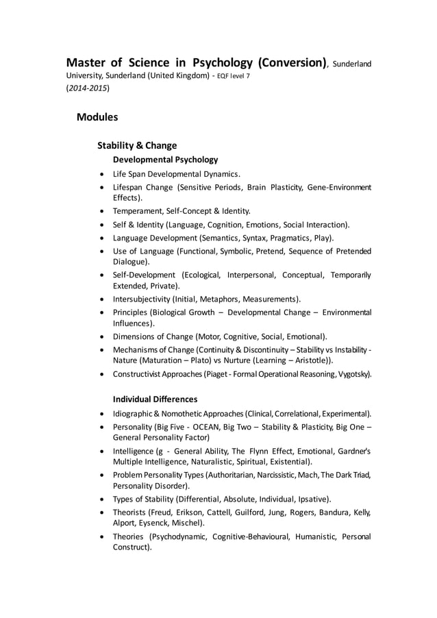 Master of Science in Psychology (Conversion) - Modules, Knowledge ...