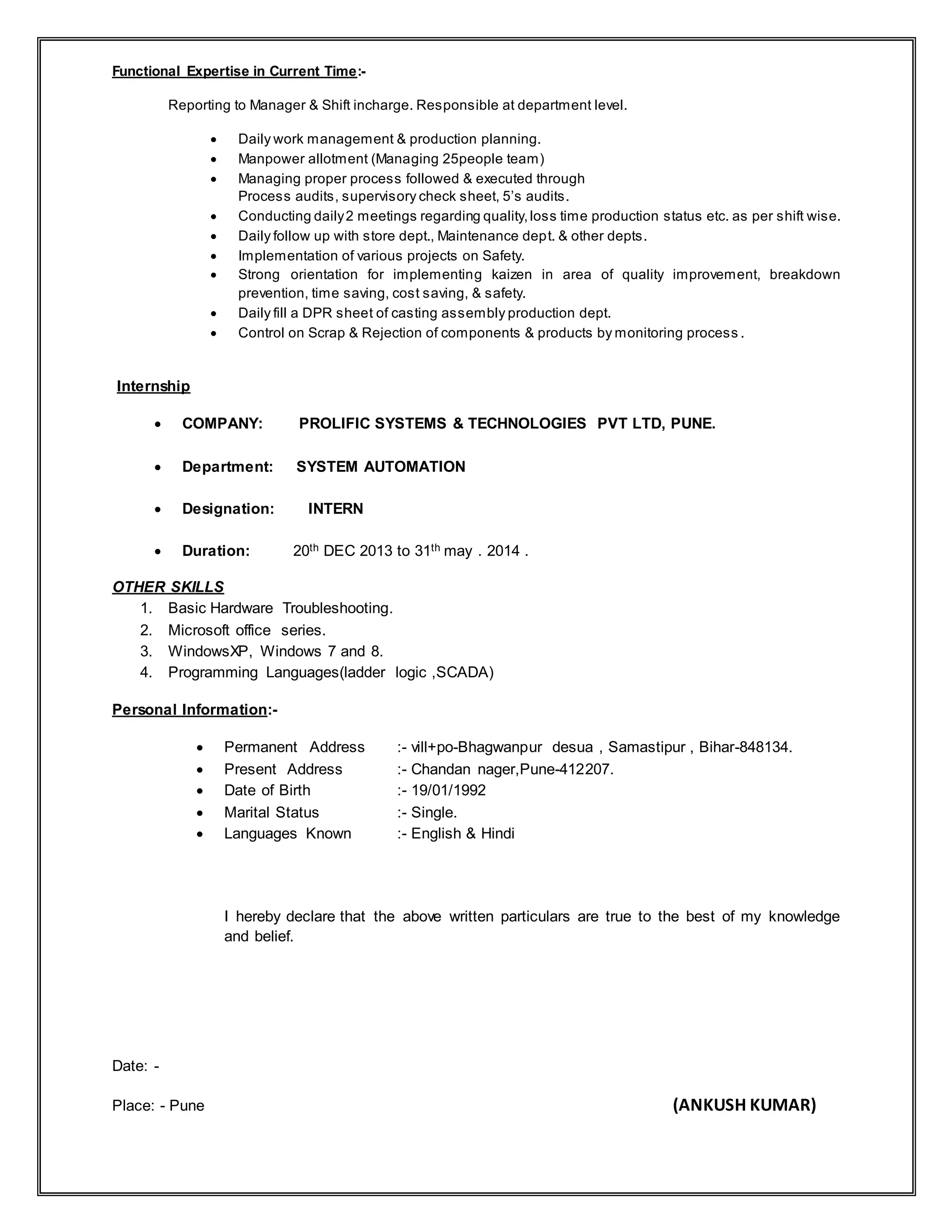 Ankush kumar cv | DOCX