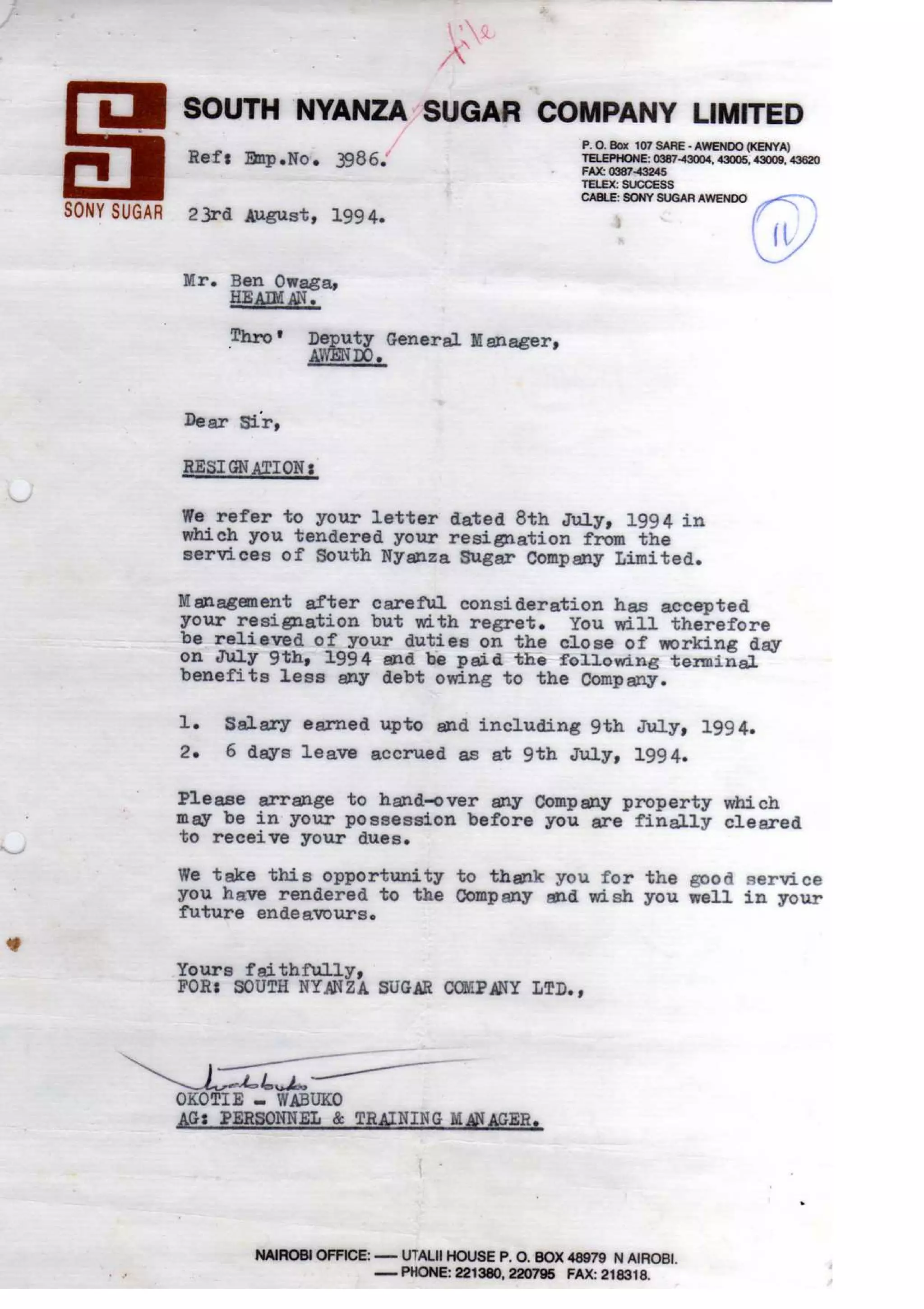 South Nyanza Sugar Company letter | PDF