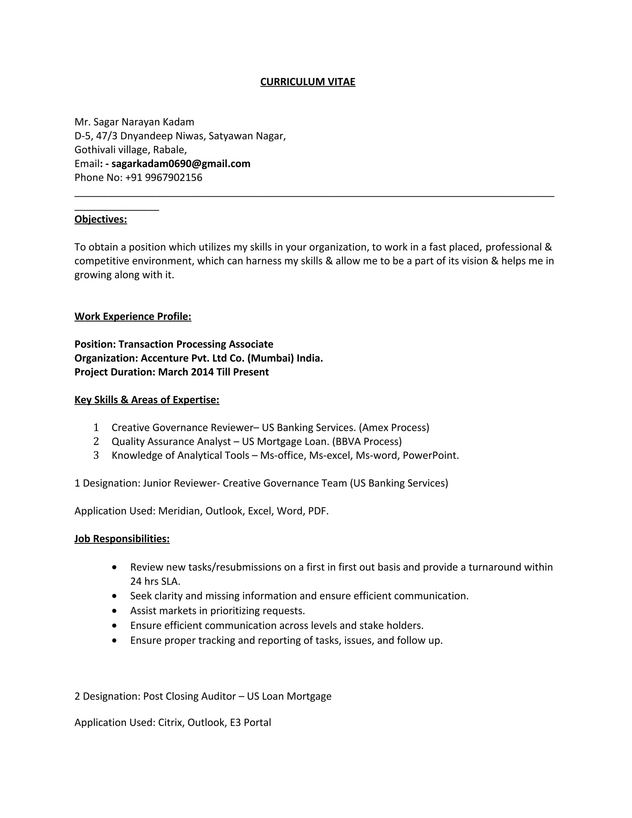 CURRICULUM VITAE -Sagar new | PDF