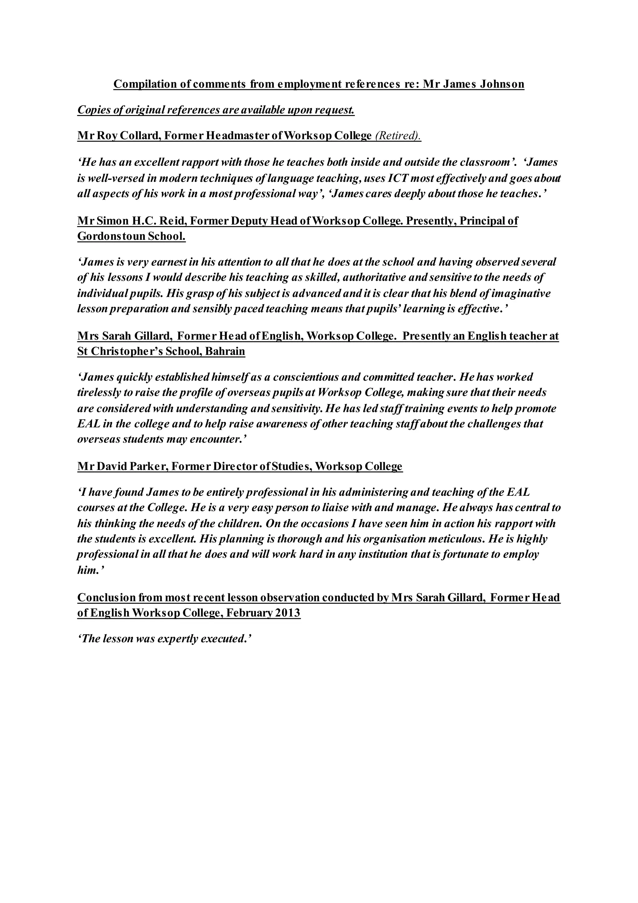 Compilation of comments from employment references re (1) | PDF