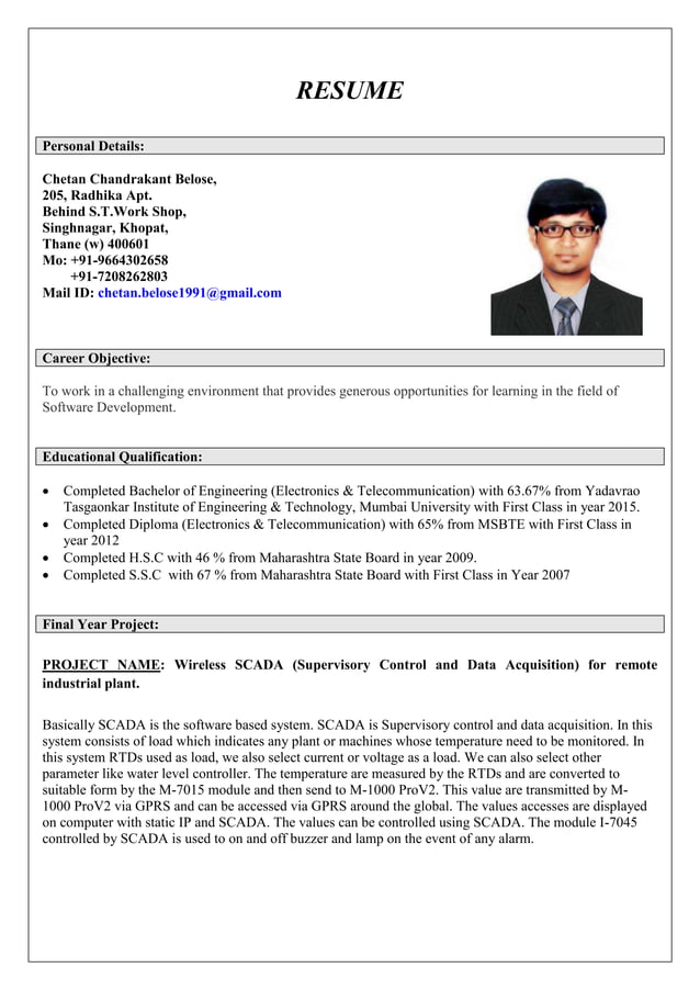RESUME - MR. CHETAN BELOSE New | PDF