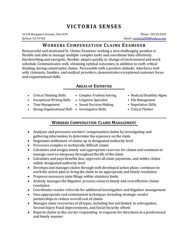 Resume Sample - Workers Compensation Claims | DOCX