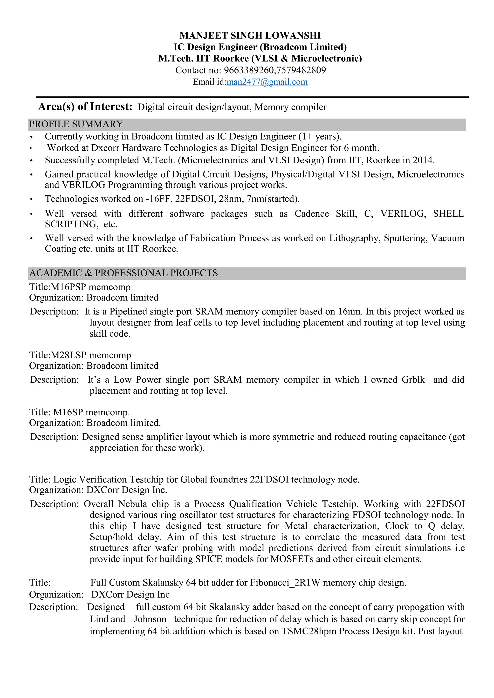 RESUME MANJEET (IC Design Engineer, Broadcom)(IIT Roorkee) | PDF