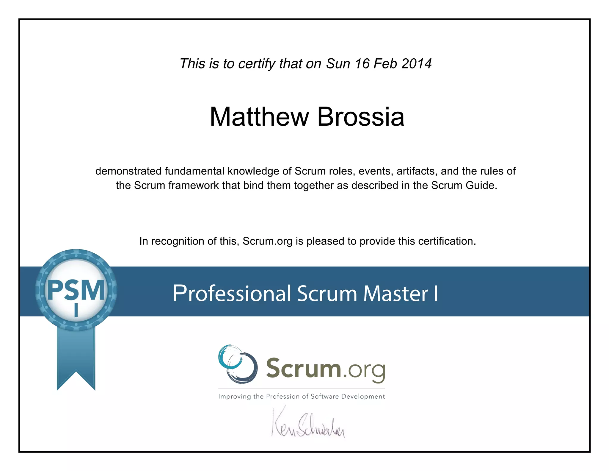 Matthew Brossia - Professional Scrum Master 1 | PDF