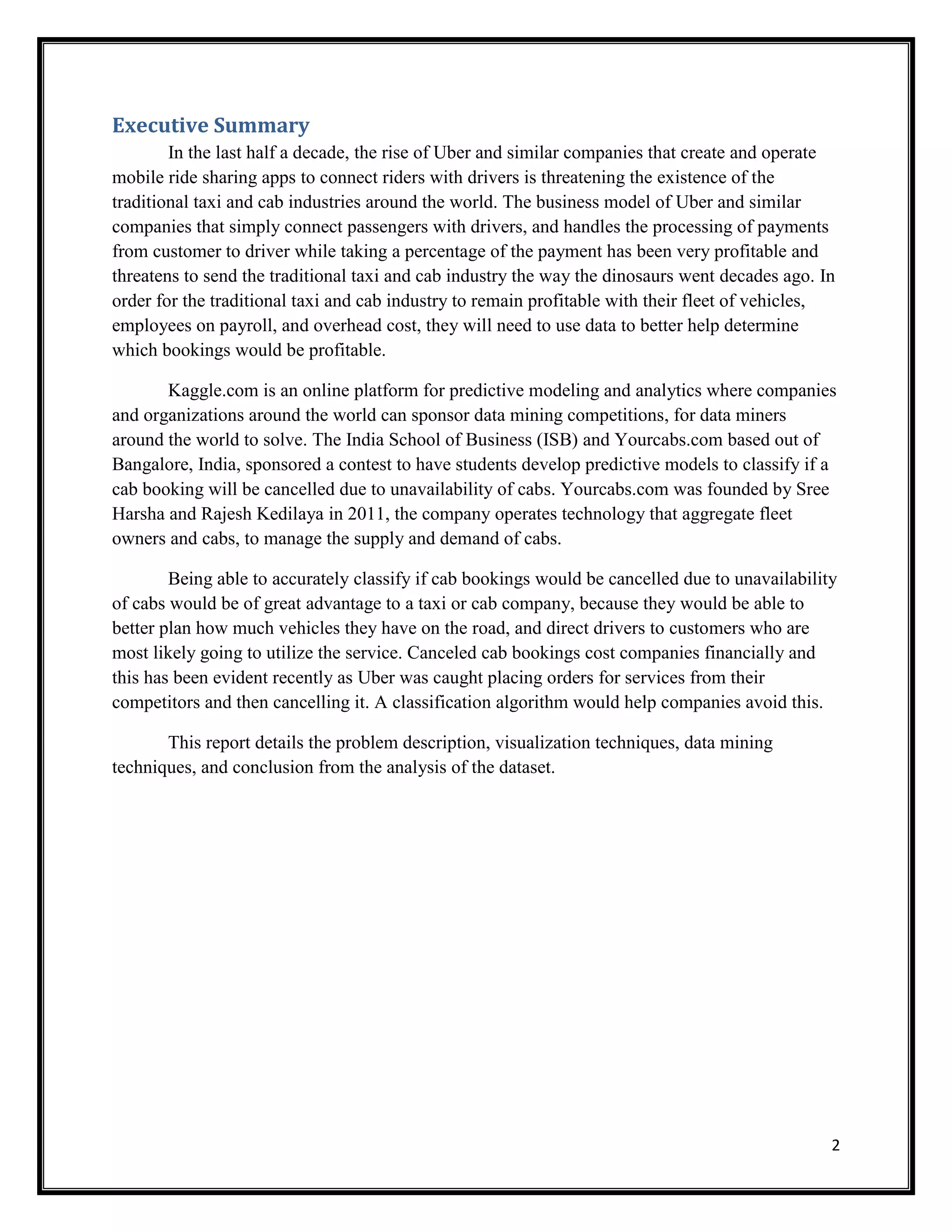 Predicting Cab Booking Cancelations- Executive Summary | PDF