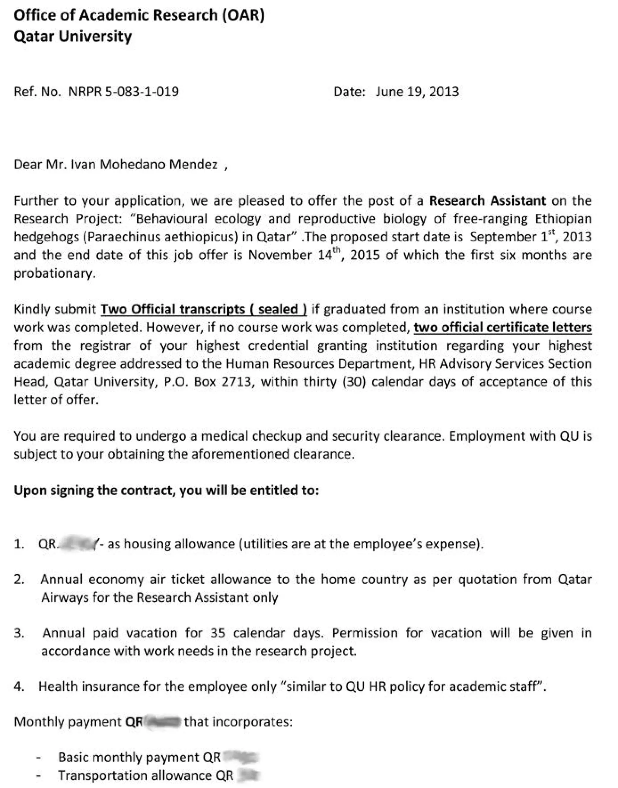 Qatar University - Job Offer | PDF