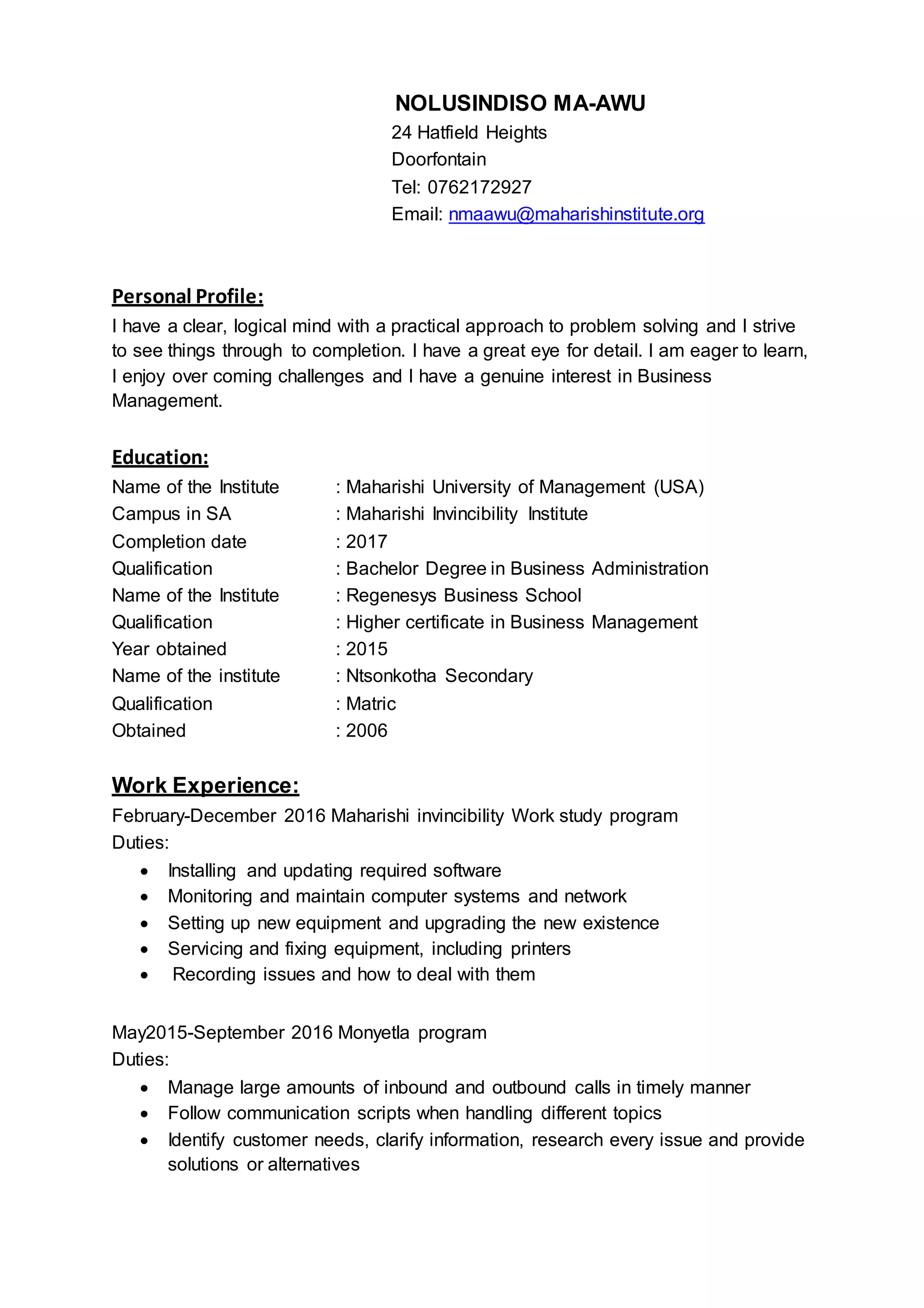 NOLUSINDISO Ma-wu cvvv | PDF