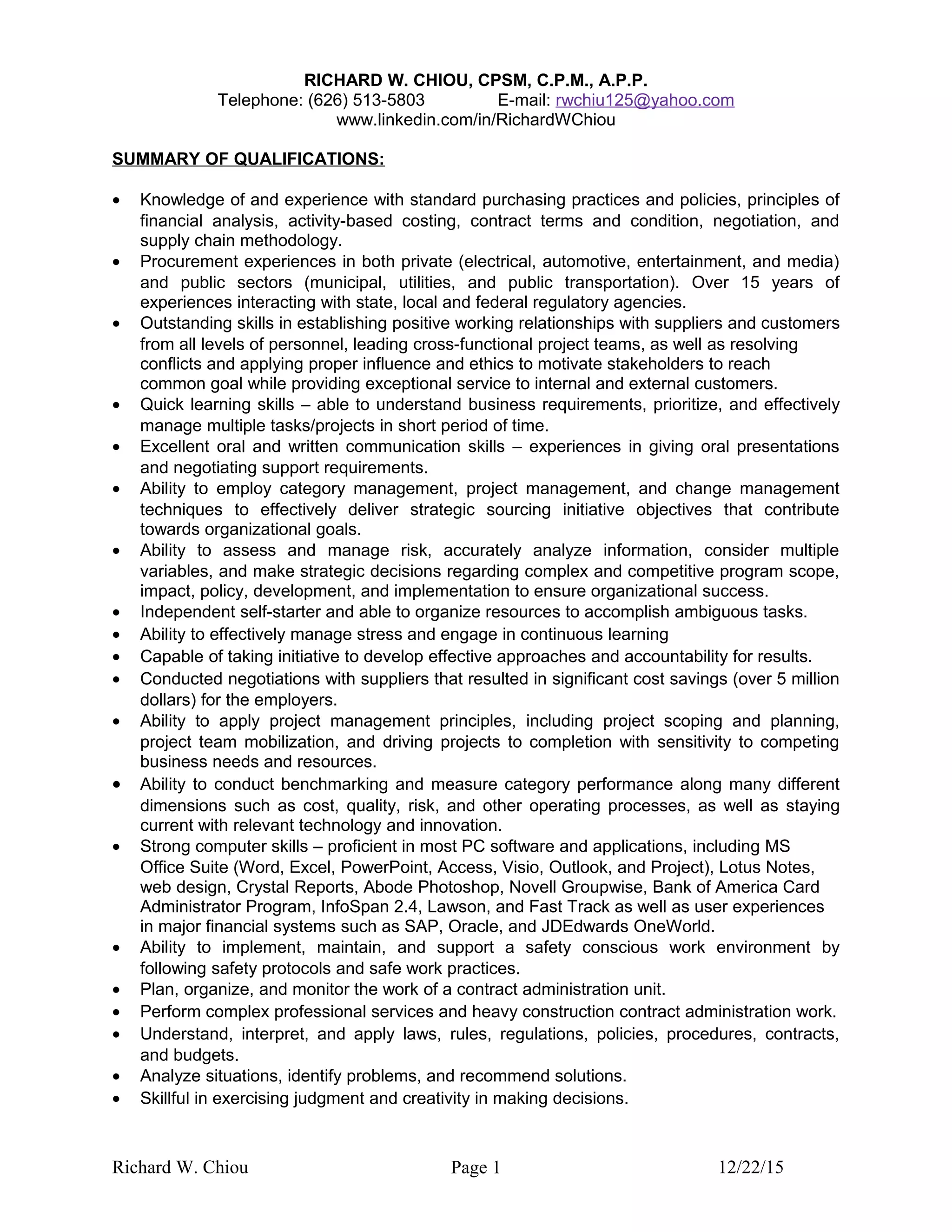 Richard Chiou - Resume (12-22-15) | DOC