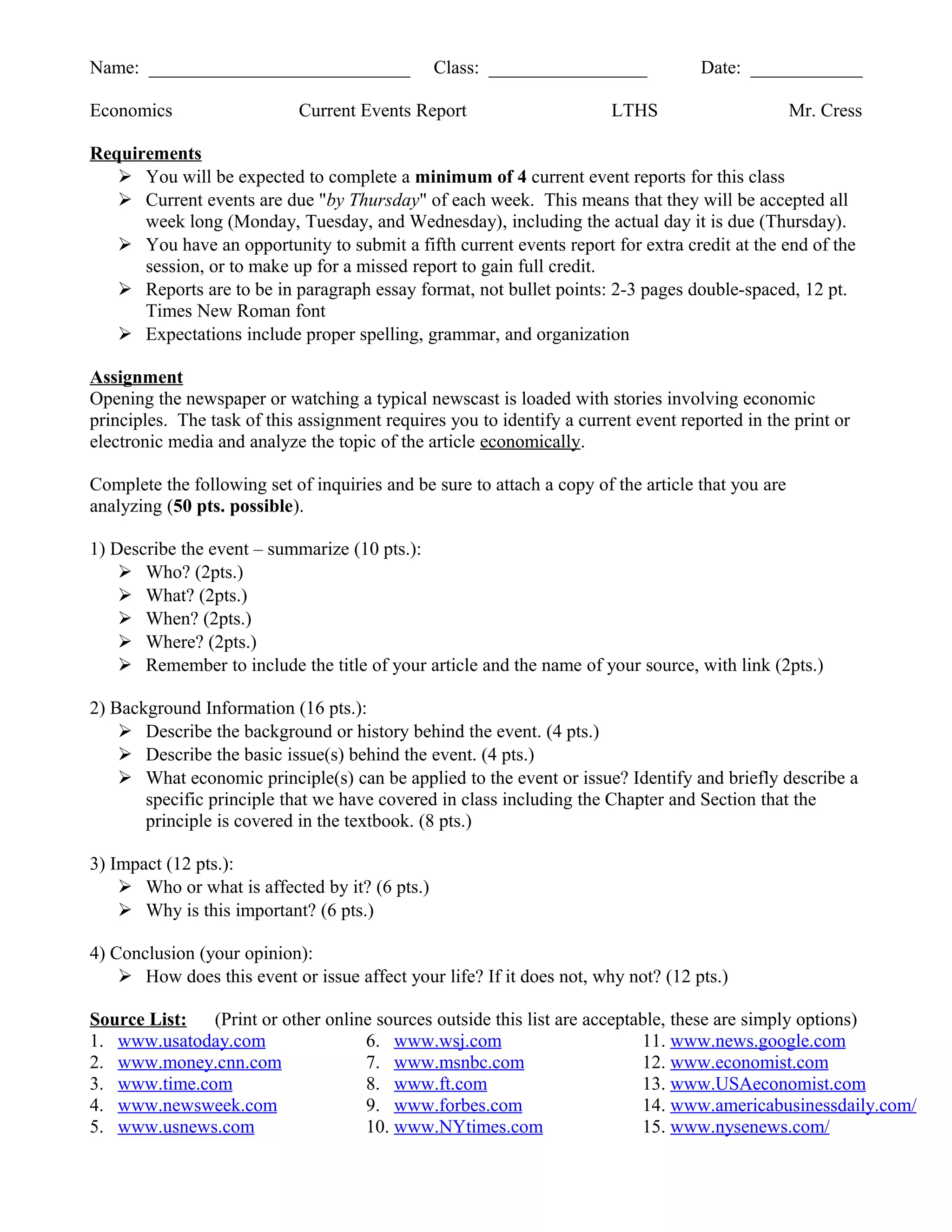 Current Events Assignment Rubric | DOC