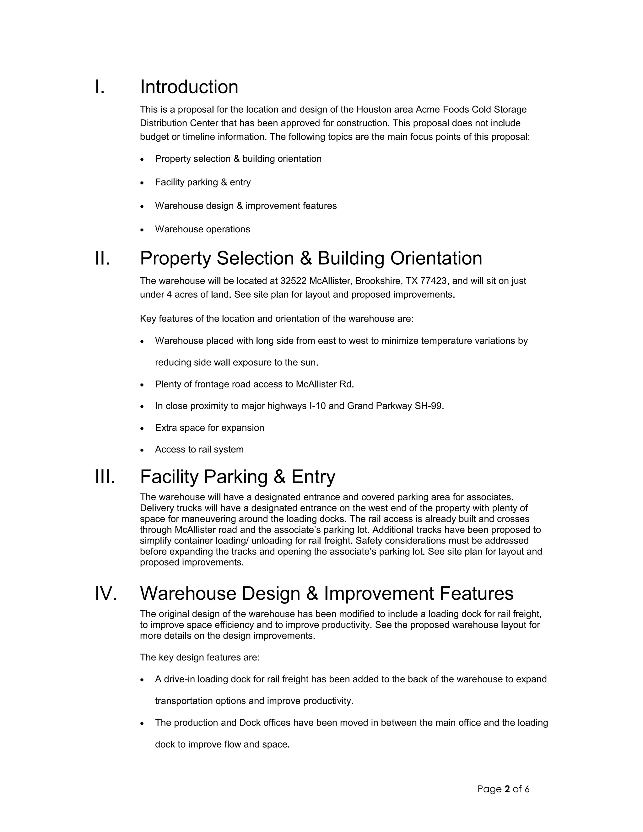 Distribution Center Proposal, Acme Foods Project | PDF
