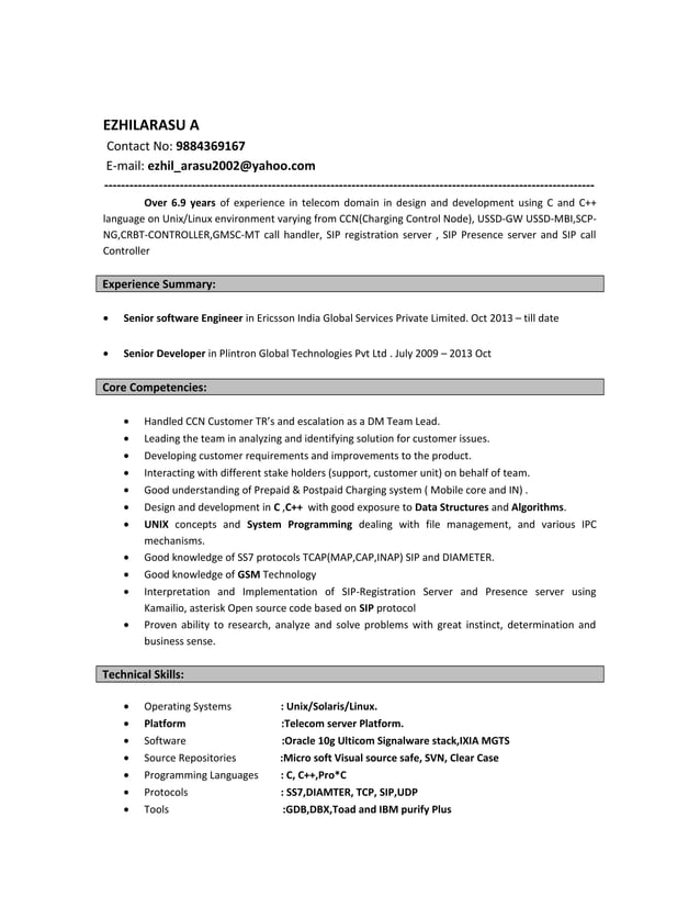 Ezhilarasu_C,C++,Telecom,Resume | DOC