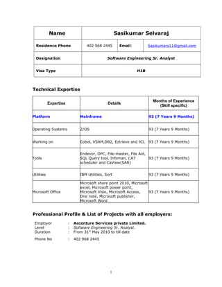 Sasikumar Selvaraj CV- Mainframe | DOC | Computer Software and Applications | Computing