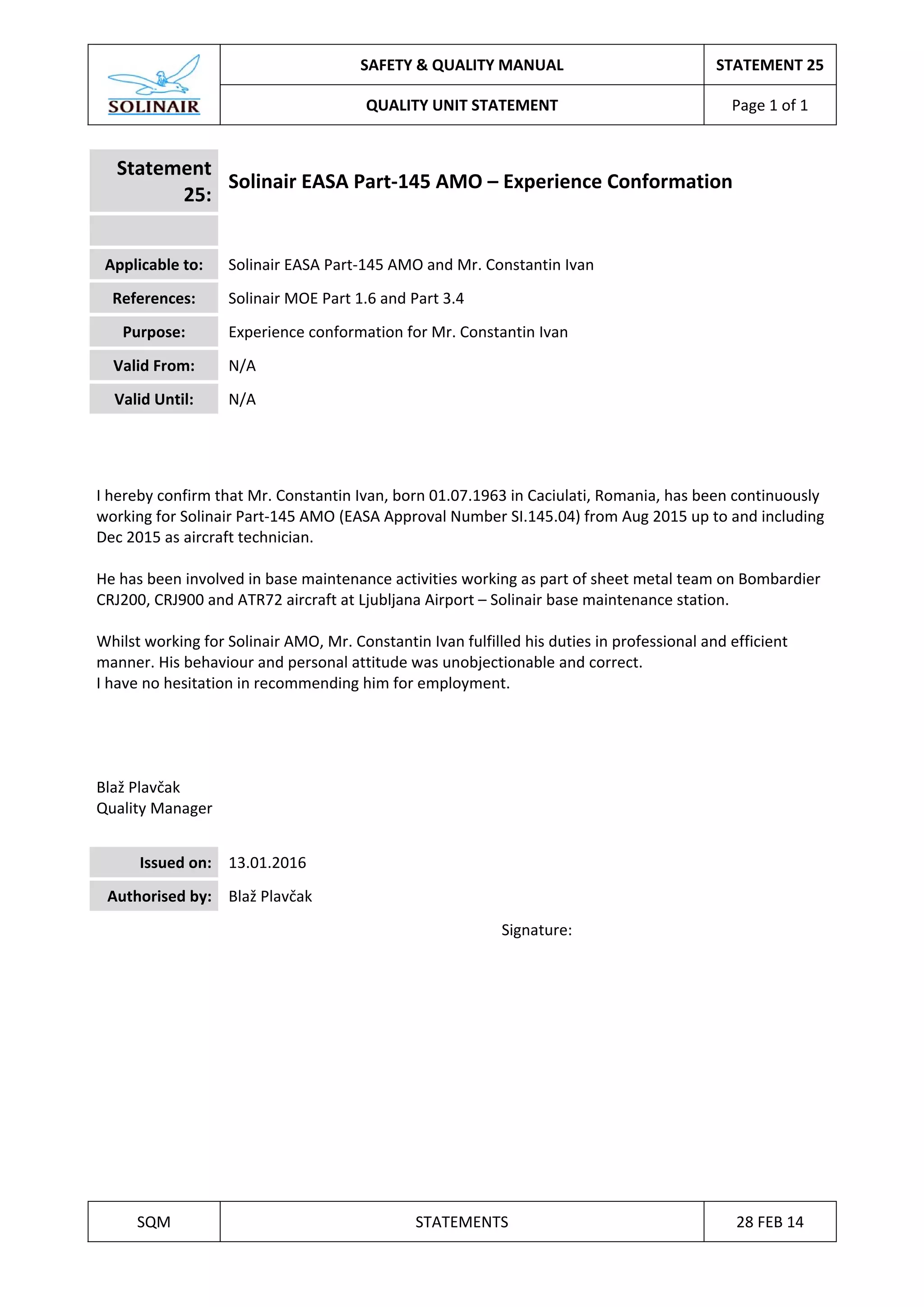 Statement 25_Solinair_EASA_Part-145_AMO_-_Experience_Conformation | PDF