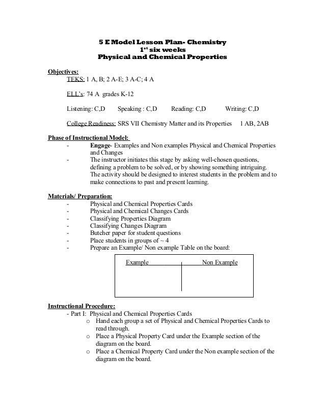 5 E Model lesson plan 1st six wks 5 E Model lesson plan 1st six wks
