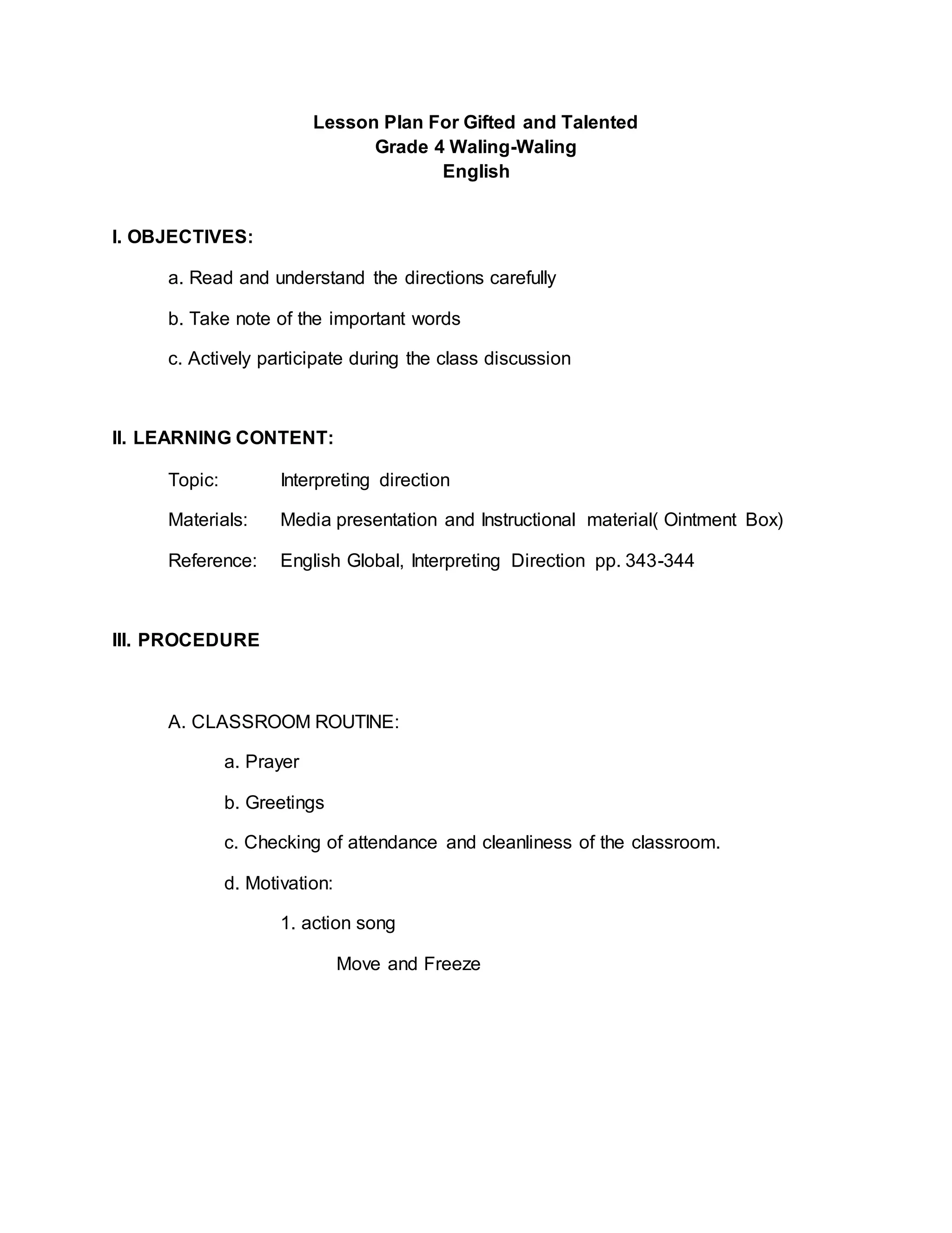 ENGLISH LESSON PLAN GRADE 4 | DOCX