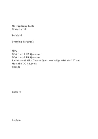 5E Questions Table Grade LevelStandardLearning Tar.docx
