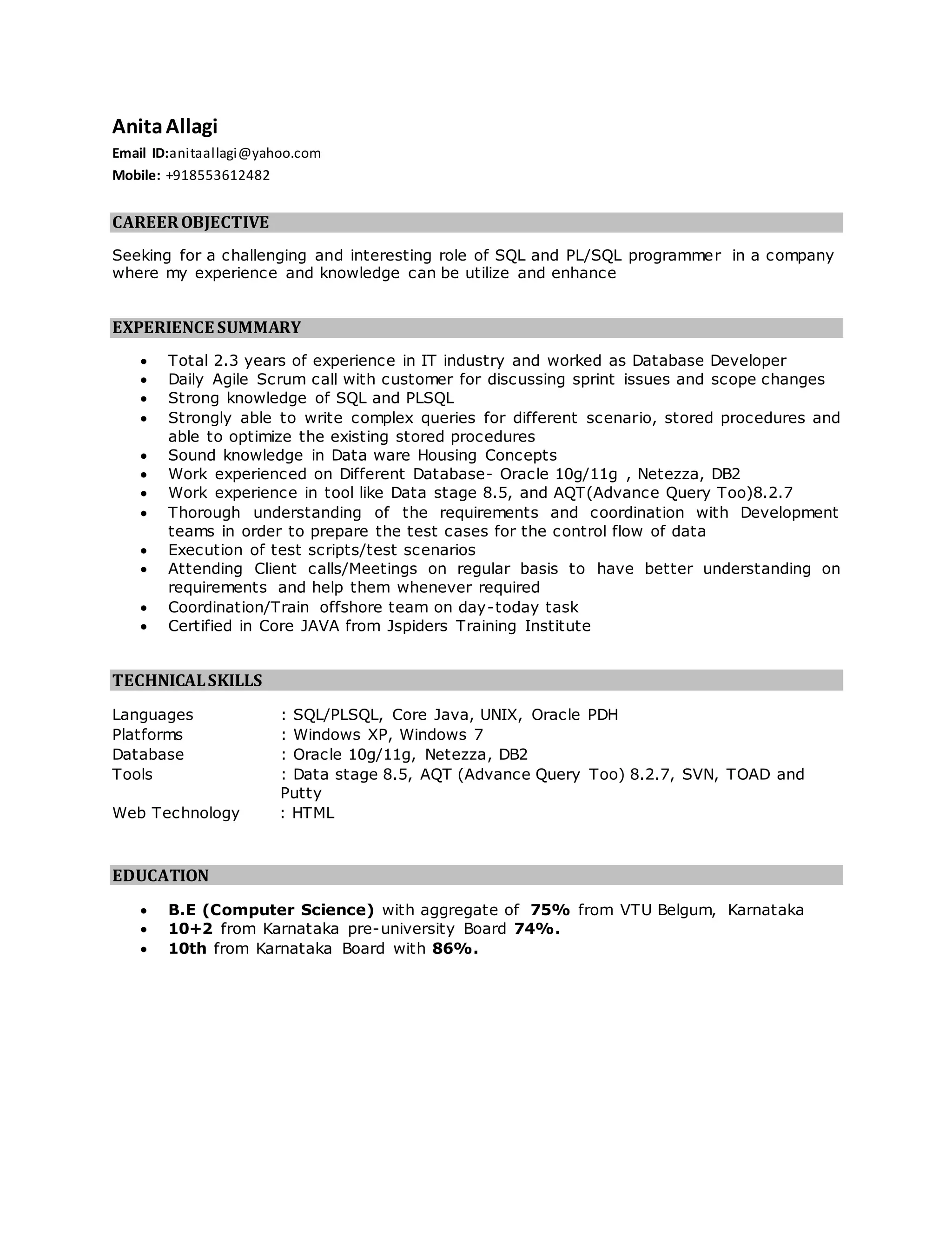 Anita Allagi_PLSQL DEV_2.2Exp | Databases | Computer Software and Applications