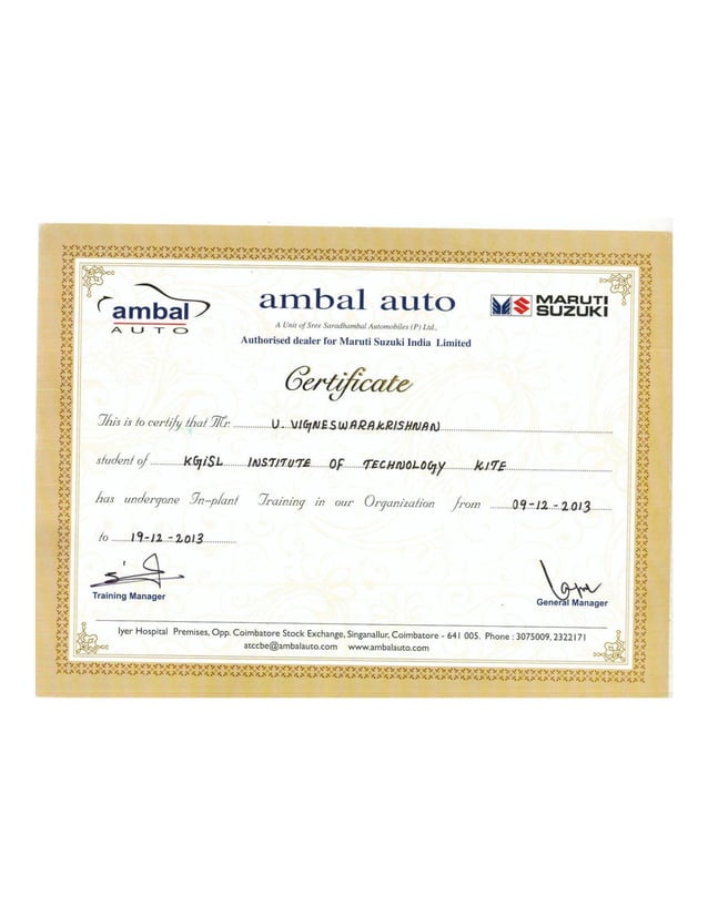 In-Plant Training AMBAL AUTO | PDF