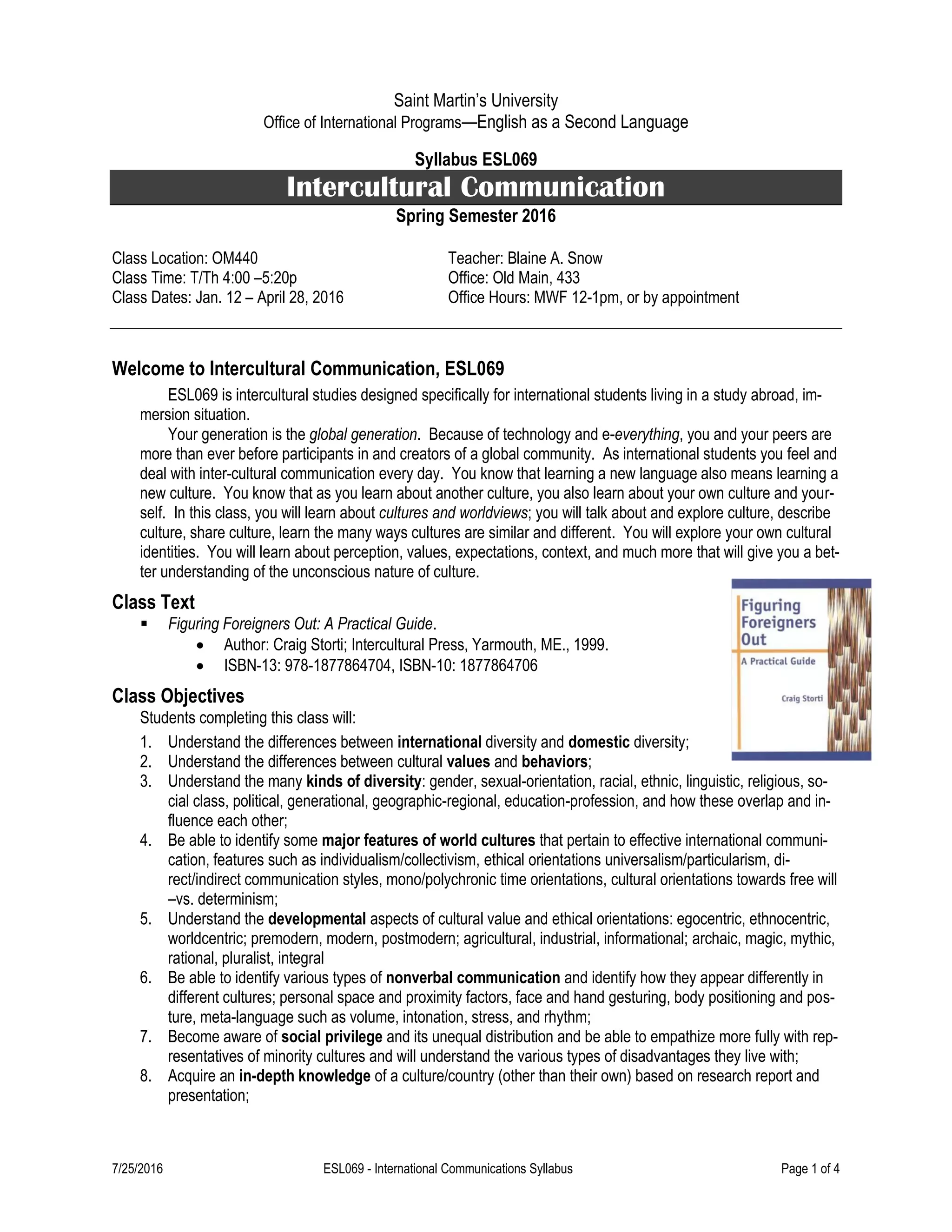 Intercultural Communication Syllabus_ESL069_S16 | PDF
