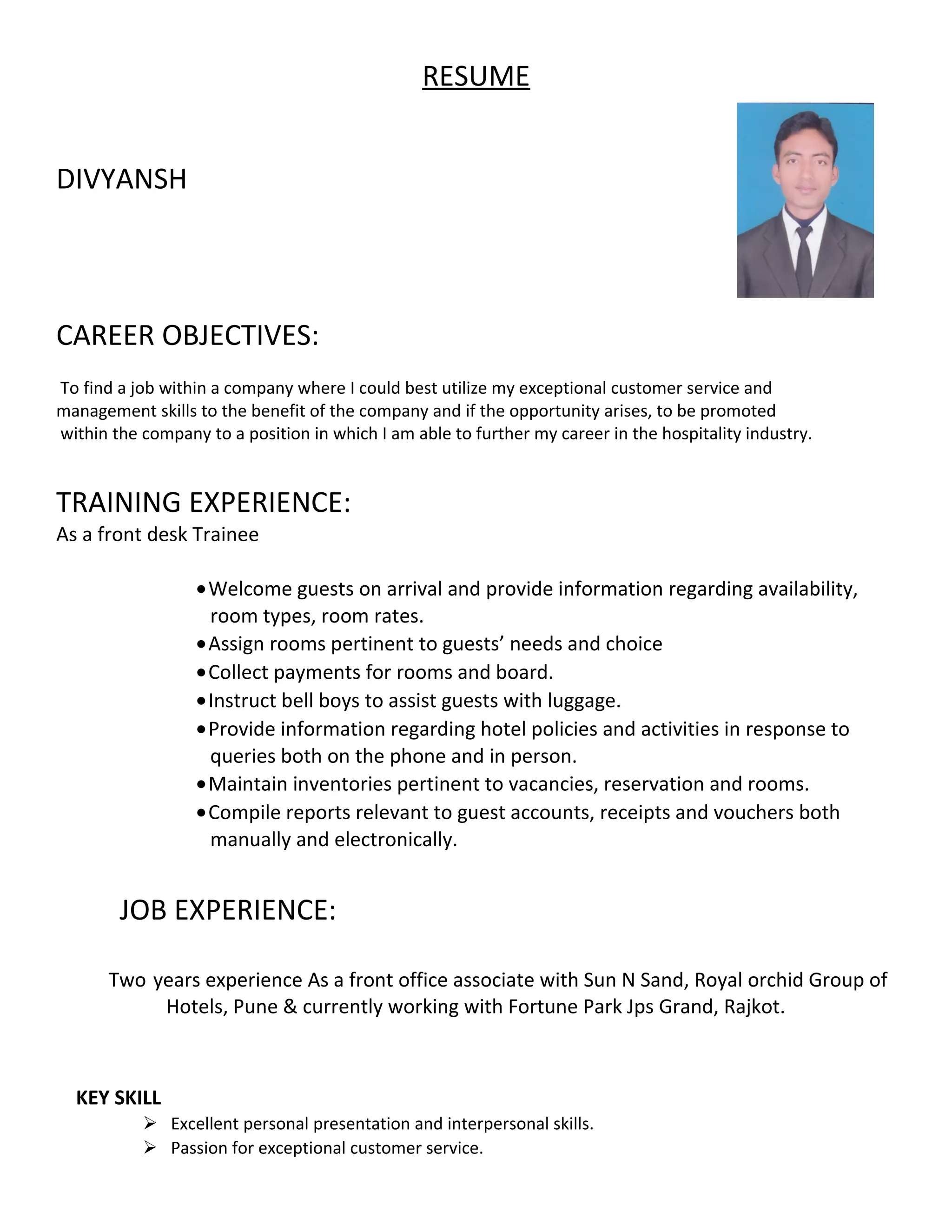 Mr. Divyansh Resume | DOC | Hotels and Motels | Travel Type