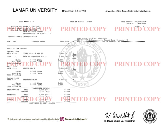 LamarTranscript2 | PDF | College Education | Education