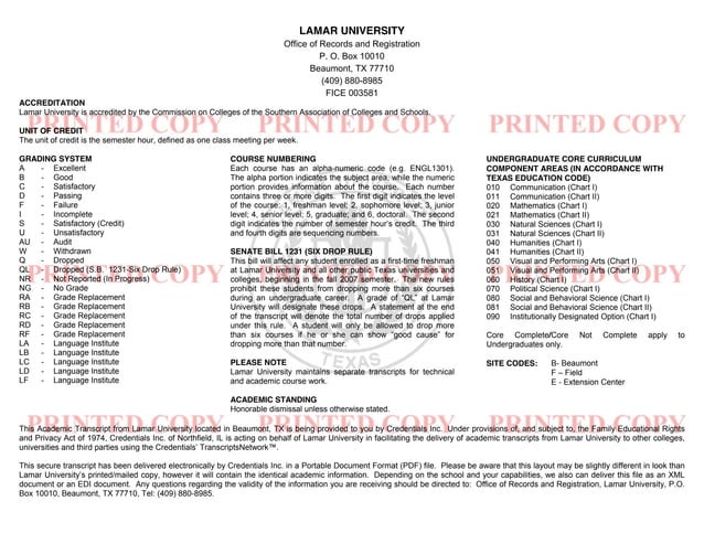 LamarTranscript2 | PDF | College Education | Education