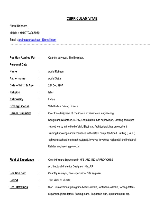 Resume abdul raheem c eng | DOCX | Civil Engineering Industry | Industries