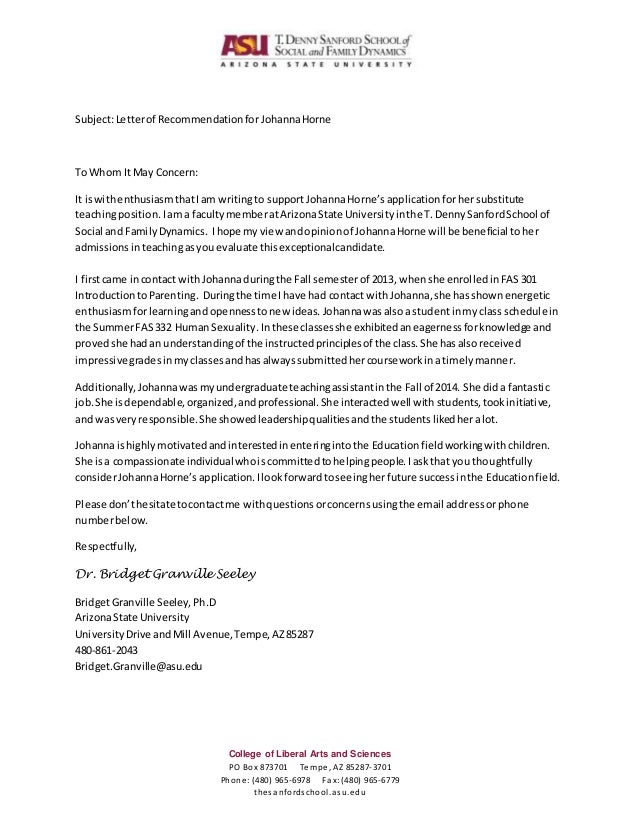 Johanna Horne Undergrad TA Letter of Recommendation