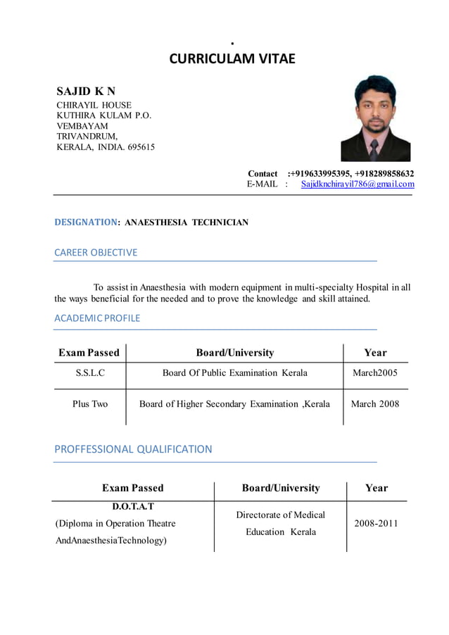 SAJID KN (Anaesthesia Technician cv) | DOCX