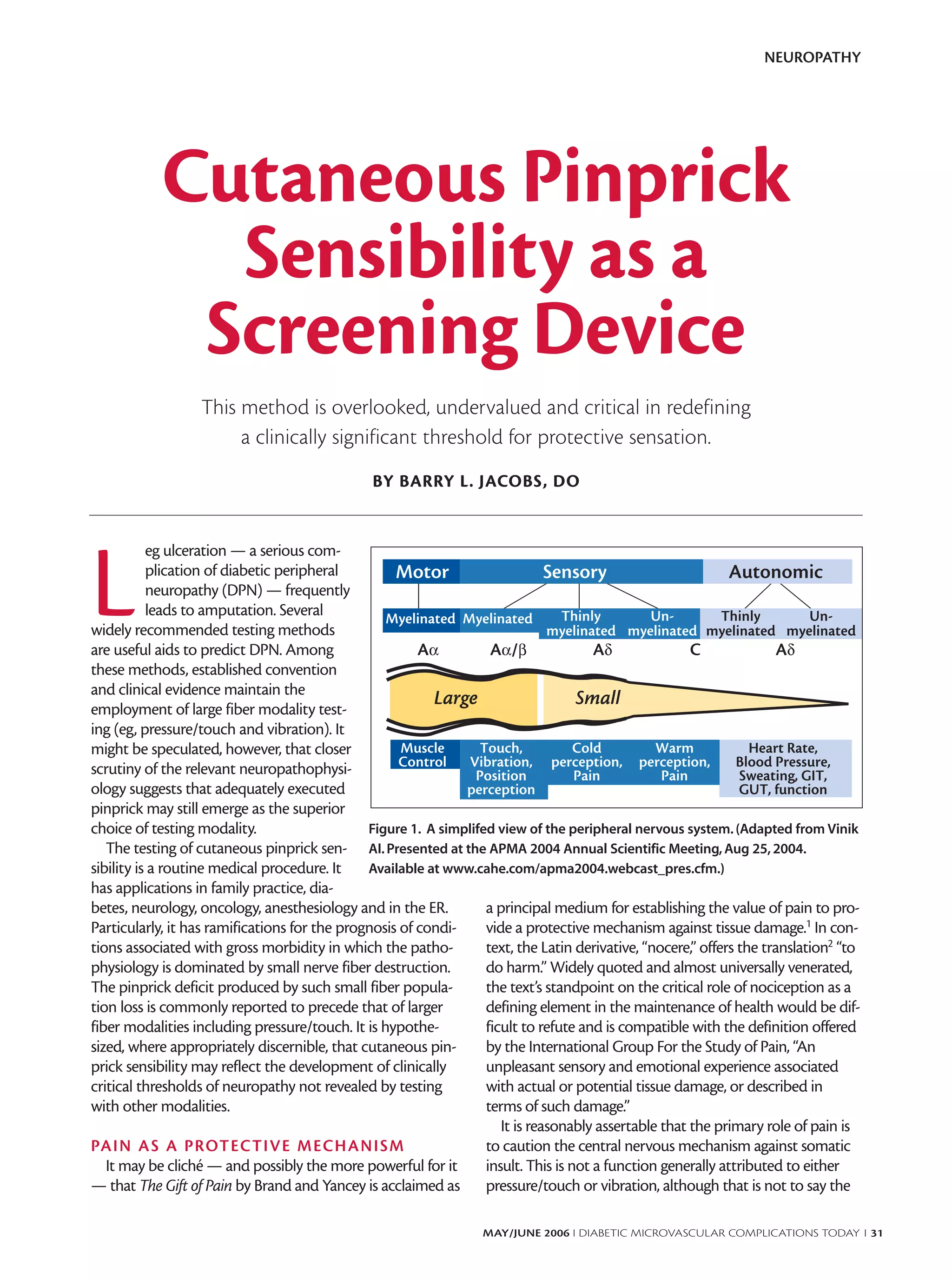 Cutaneous Pinprick Sensibility as a Screening Device Jacobs, BL, MAY ...