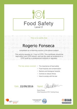 RogerioFonsecaFoodSafetyLevel22016Certificate | PDF