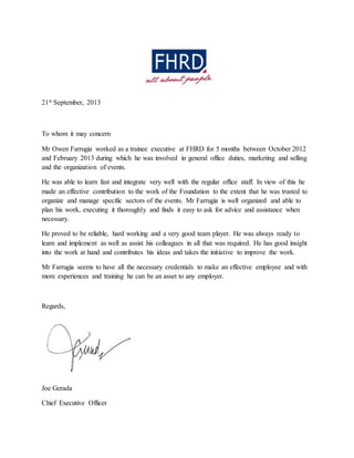 Reference Letter - FHRD - Mr Joe Gerada | DOCX | Human Resources | Business