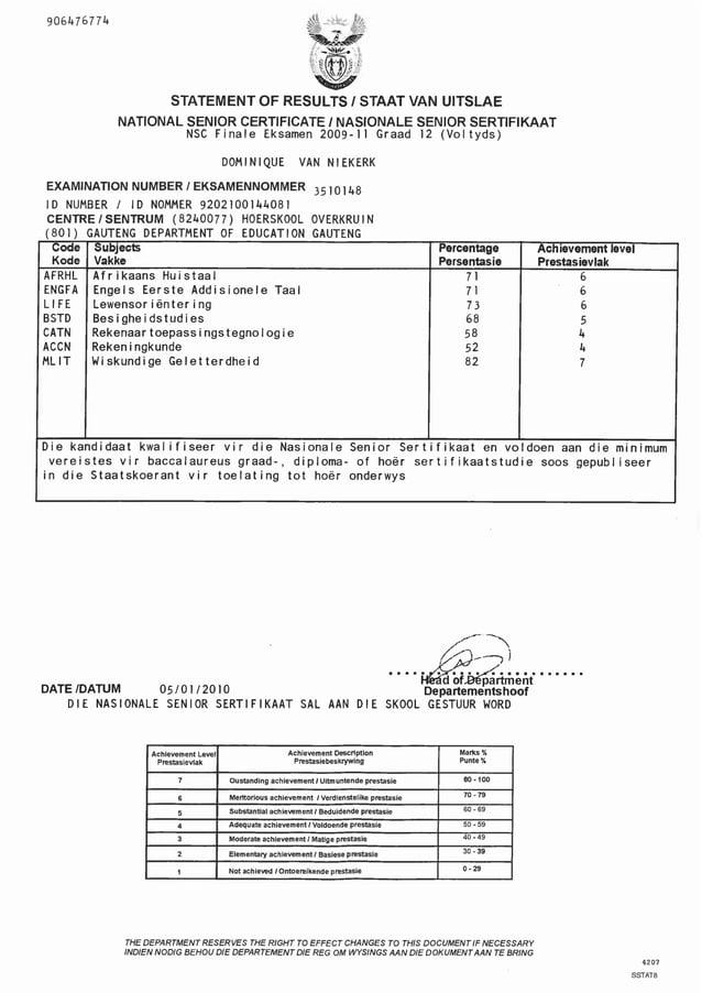 Matriek Sertifikaat en Getuigskrif | PDF