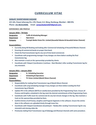 Sanjay Kadam Resume 2016 | DOC