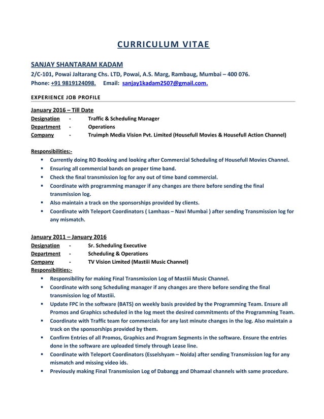 Sanjay Kadam Resume 2016 | DOC