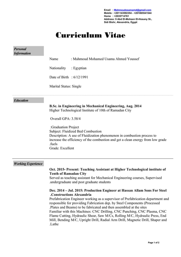 Mahmoud Osama Youssef's CV | DOC | Civil Engineering Industry | Industries