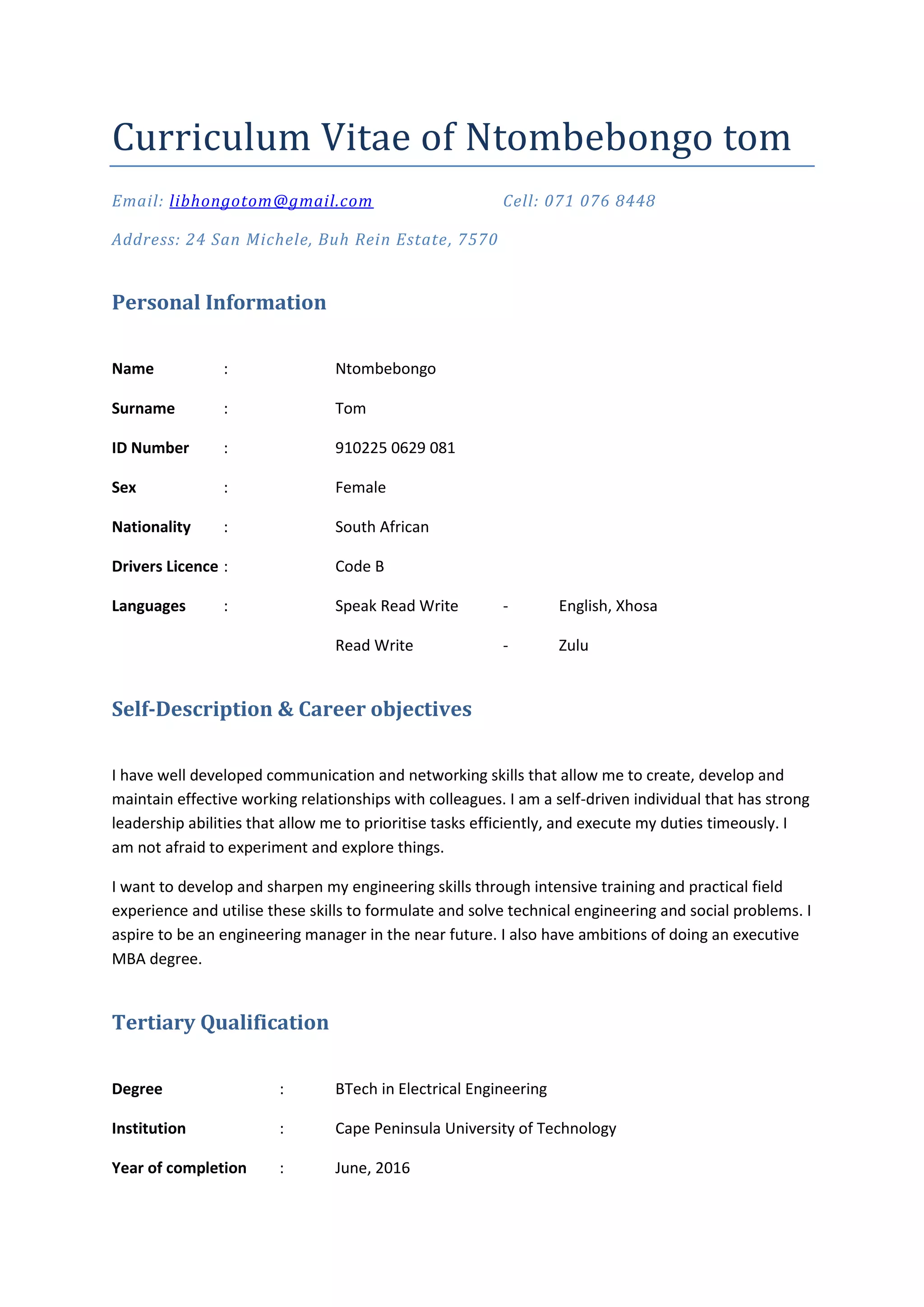 Curriculum Vitae of Ntombebongo Tom | PDF