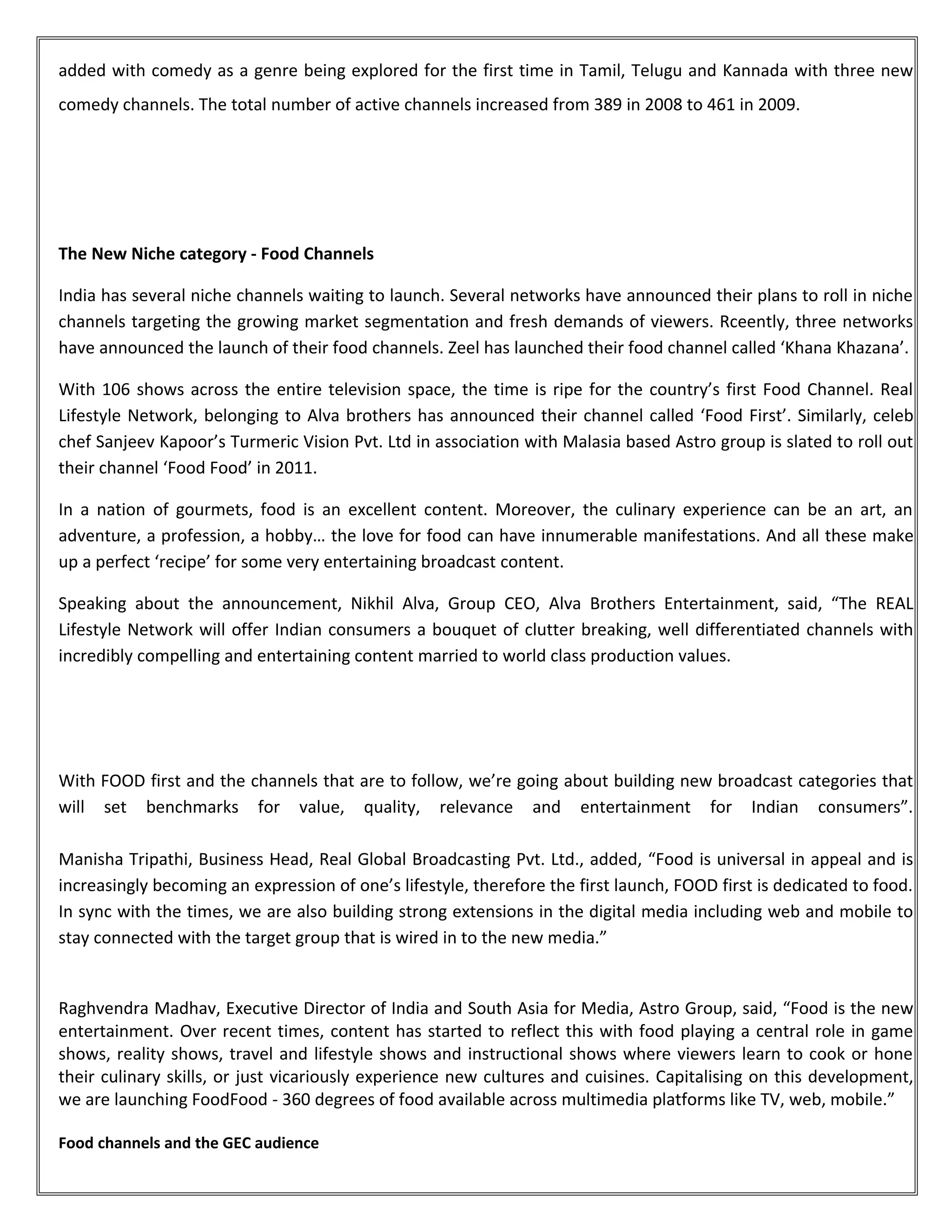 Potential Of Food Channels in India | DOC