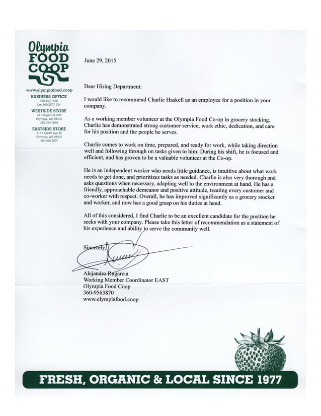 Olympia Food Co-op Letter of Recommendation | PDF