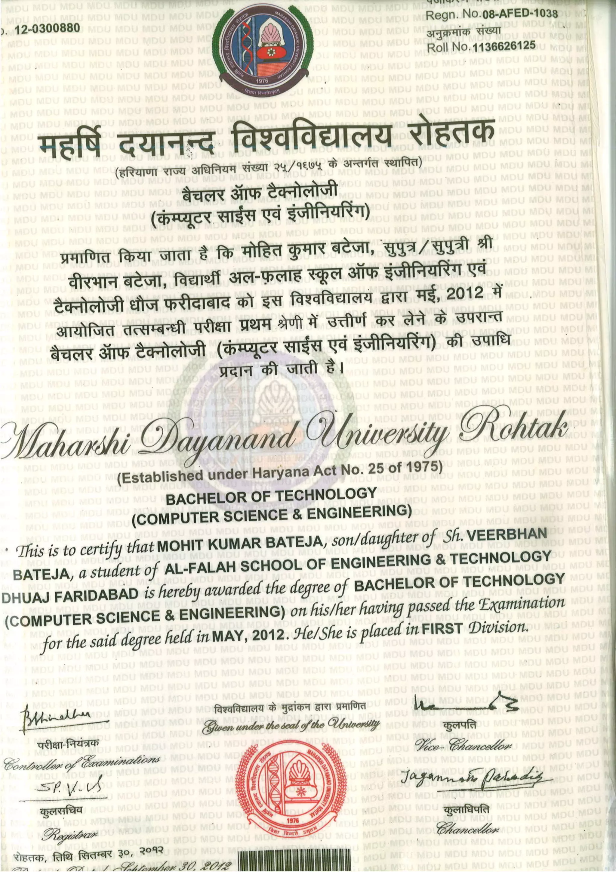 DEGREE OF B.TECH