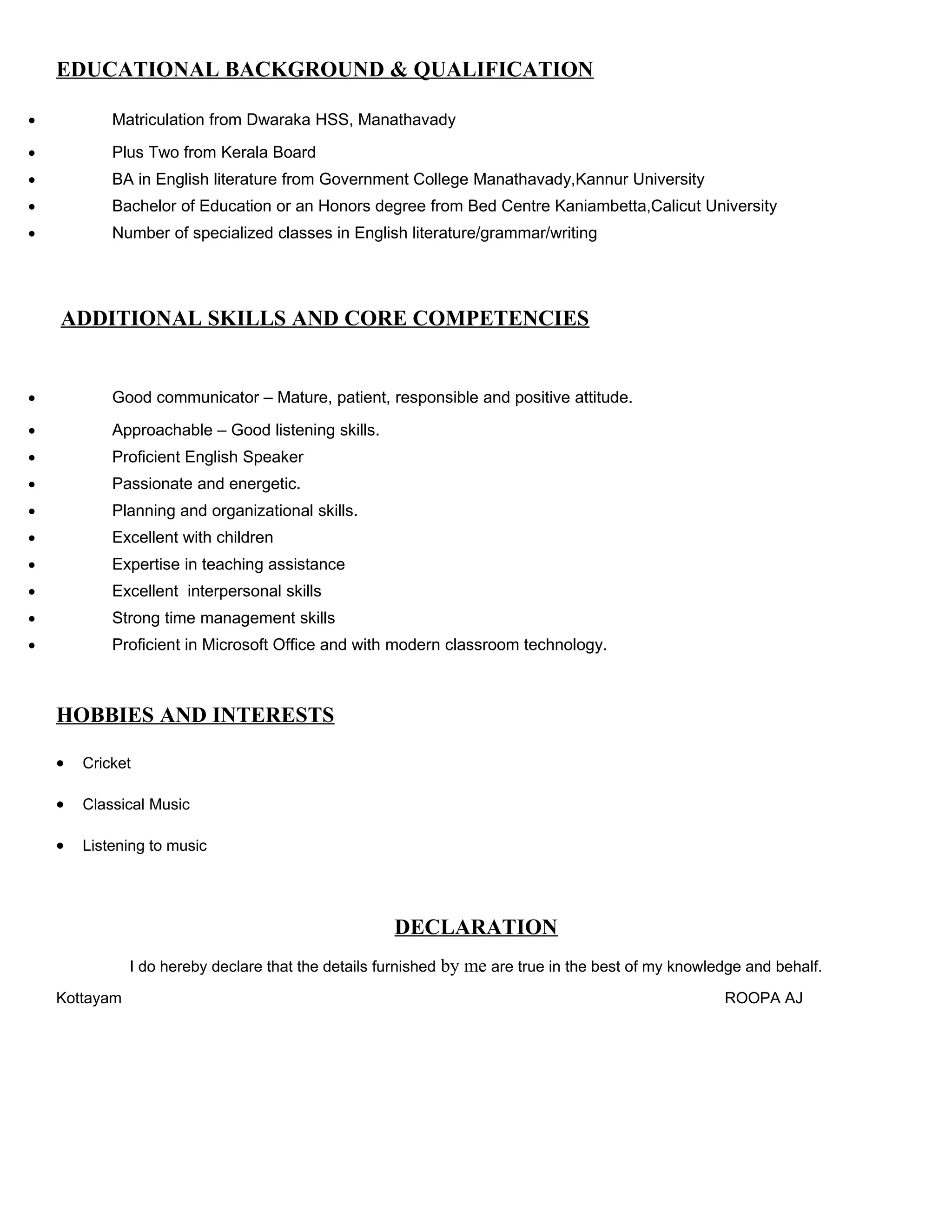 roopa aj resume | DOC | Professional School | Postgraduate Education