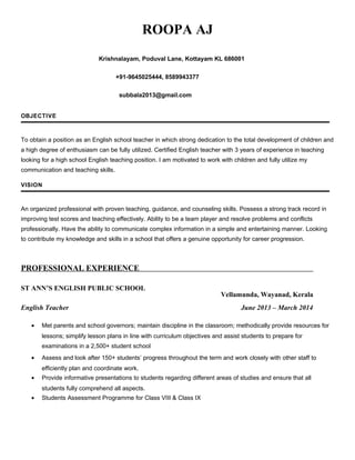 roopa aj resume | DOC | Professional School | Postgraduate Education